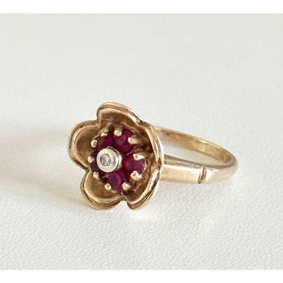 Estate | Jewelry | Vintage 4k Solid Yellow Gold Rubies Diamond Flower ...